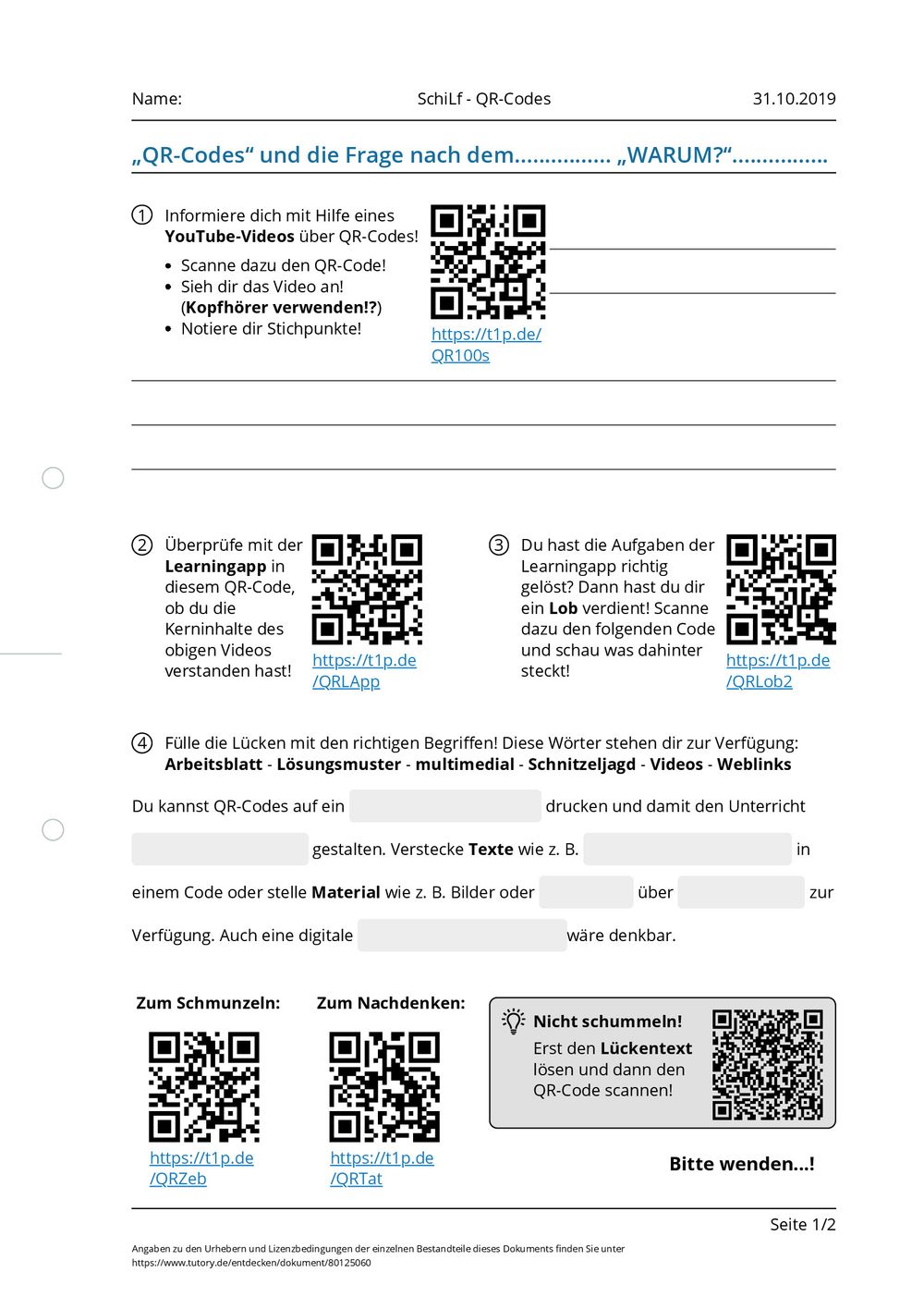 Arbeitsblatt - SchiLf - QR-Codes - tutory.de Arbeitsblatt - SchiLf - QR-Codes - tutory.de