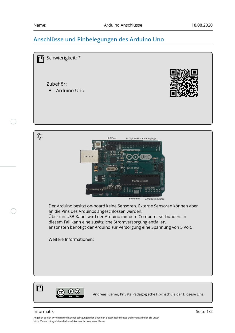Arbeitsblatt - Arduino Anschlüsse - Informatik - tutory.de Arbeitsblatt - Arduino Anschlüsse - Informatik - tutory.de