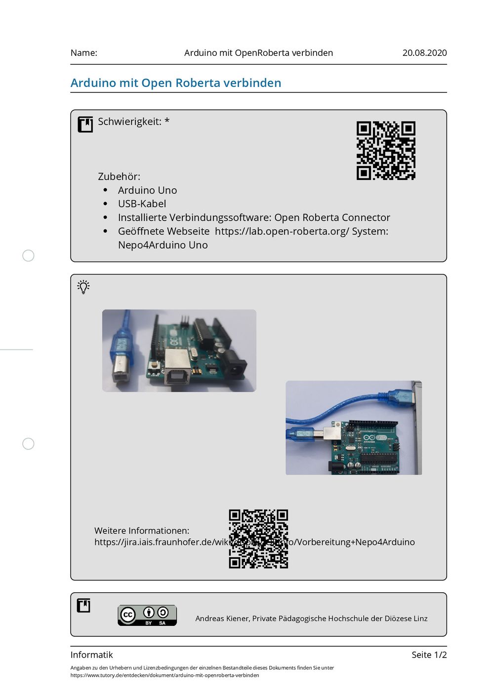 Arbeitsblatt - Arduino mit OpenRoberta verbinden - Informatik - tutory.de Arbeitsblatt - Arduino mit OpenRoberta verbinden - Informatik - tutory.de