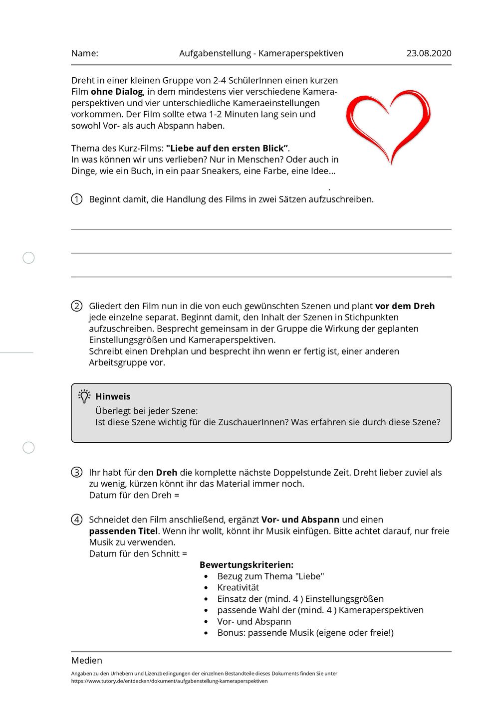 Arbeitsblatt - Aufgabenstellung - Kameraperspektiven - Medien - tutory.de Arbeitsblatt - Aufgabenstellung - Kameraperspektiven - Medien - tutory.de