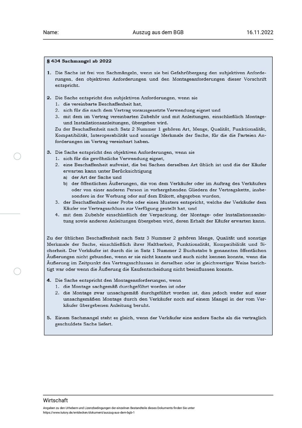 Arbeitsblatt - Auszug aus dem BGB - Wirtschaft - tutory.de Arbeitsblatt - Auszug aus dem BGB - Wirtschaft - tutory.de