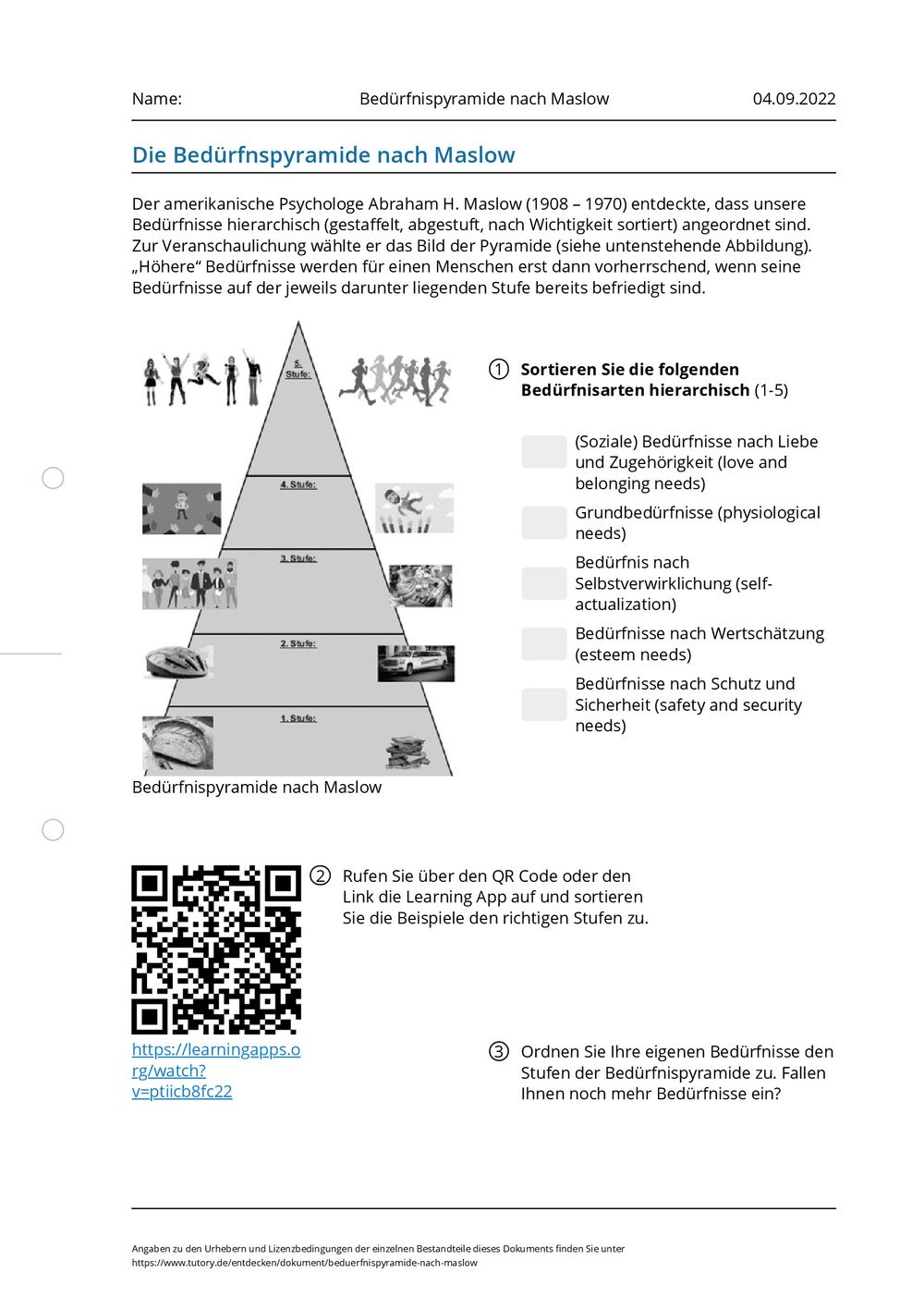 Beduerfnispyramide Von Maslow Arbeitsblatt Beduerfnispyramide Von Maslow Arbeitsblatt