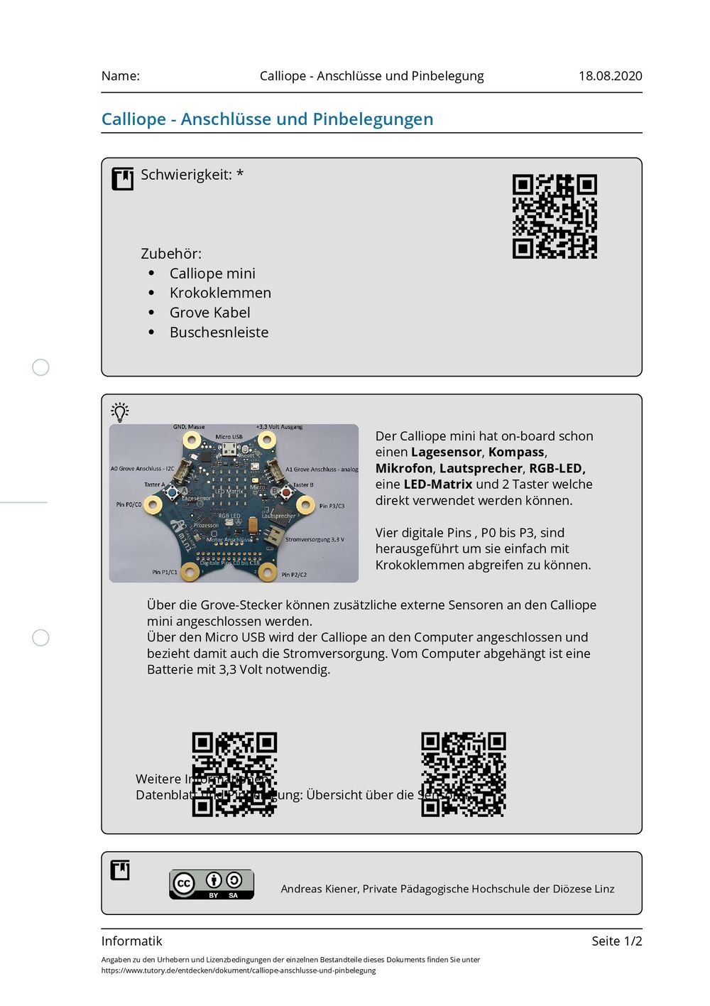 Arbeitsblatt - Calliope - Anschlüsse und Pinbelegung - Informatik ... Arbeitsblatt - Calliope - Anschlüsse und Pinbelegung - Informatik ...