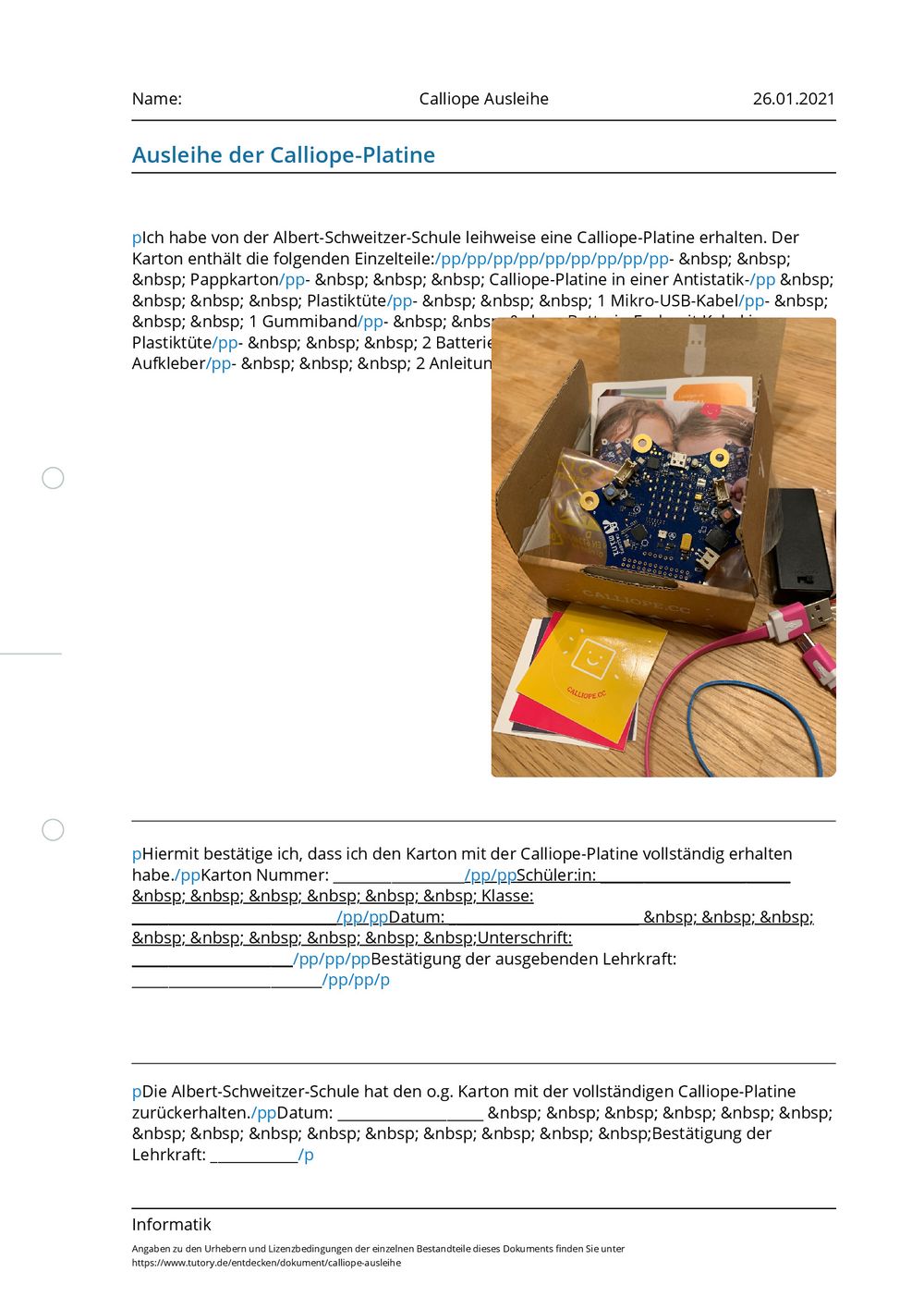 Arbeitsblatt - Calliope Ausleihe - Informatik - tutory.de Arbeitsblatt - Calliope Ausleihe - Informatik - tutory.de