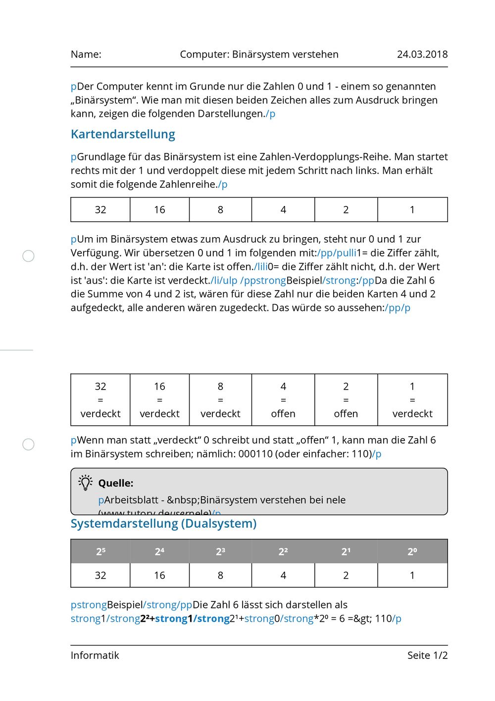 Arbeitsblatt Computer Binärsystem Verstehen Informatik Grundschule Tutoryde