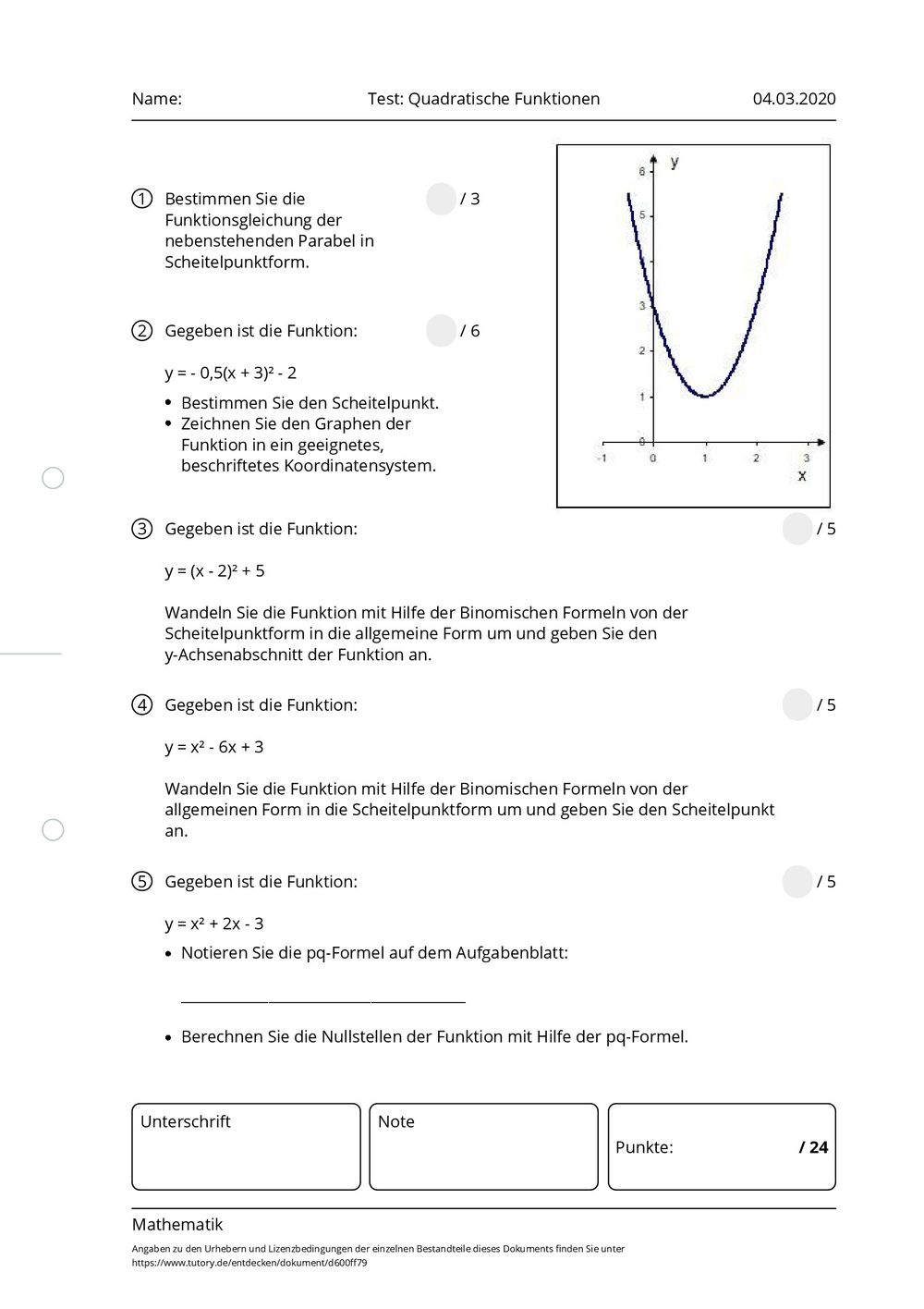 arbeitsblatt-test-quadratische-funktionen-mathematik-tutory-de
