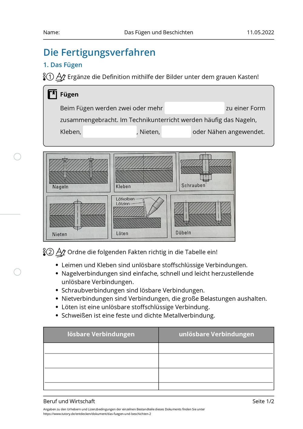Arbeitsblatt - Das Fügen und Beschichten - Beruf und Wirtschaft - tutory.de Arbeitsblatt - Das Fügen und Beschichten - Beruf und Wirtschaft - tutory.de