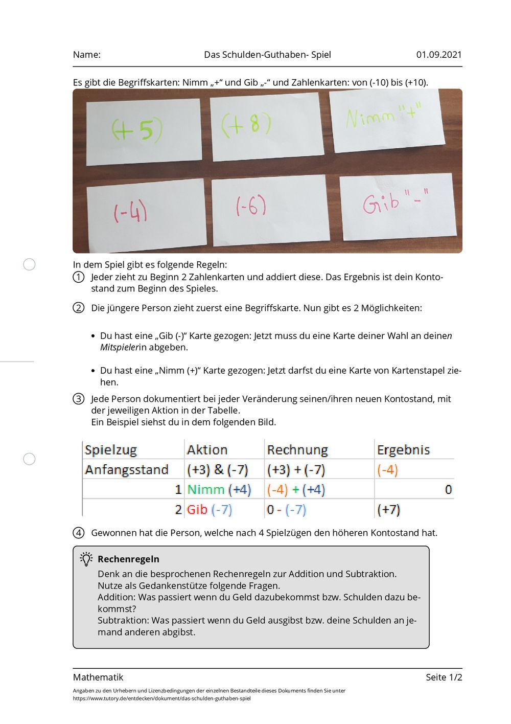 Arbeitsblatt Das Schulden Guthaben Spiel Mathematik Tutoryde