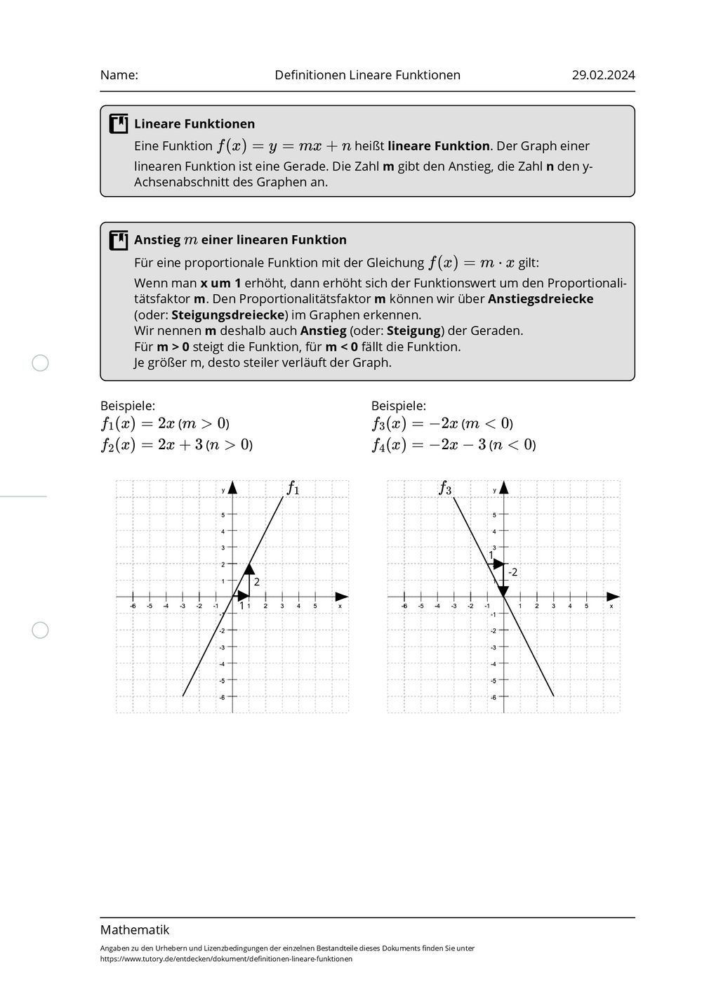 Arbeitsblatt Definitionen Lineare Funktionen Mathematik Tutory De