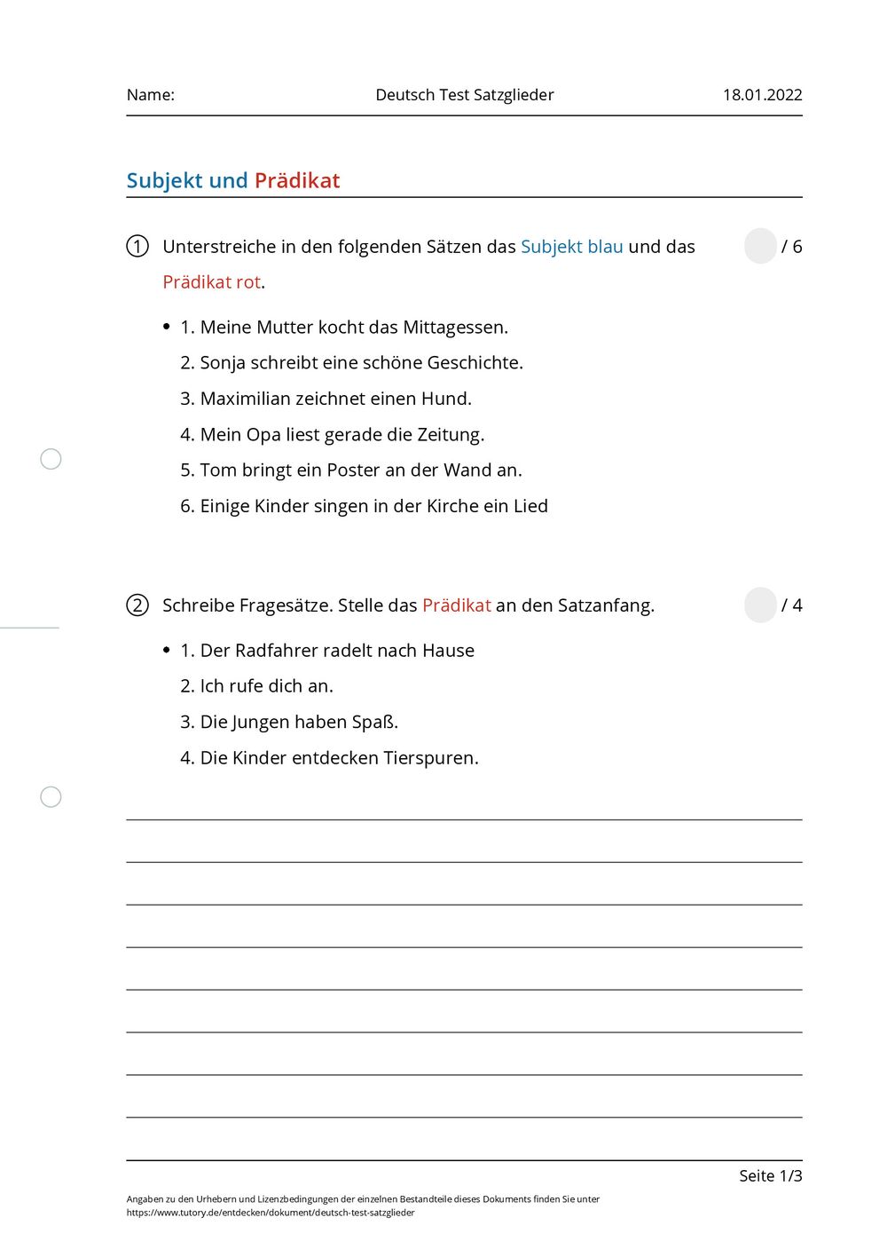Arbeitsblatt Deutsch Test Satzglieder Tutoryde