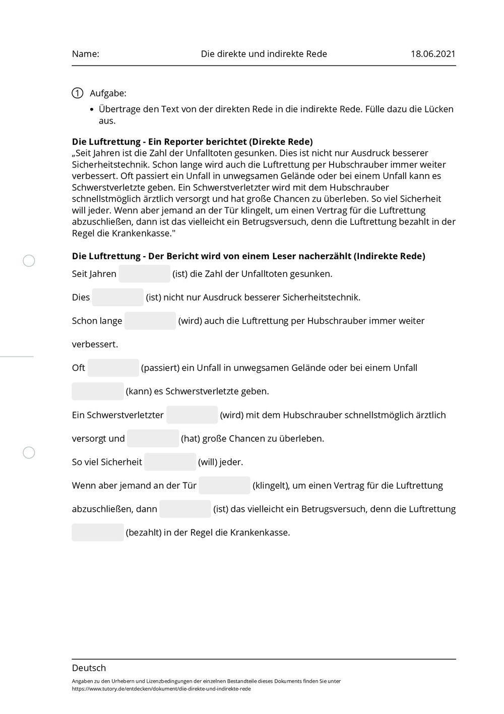 Arbeitsblatt - Die direkte und indirekte Rede - Deutsch - tutory.de Arbeitsblatt - Die direkte und indirekte Rede - Deutsch - tutory.de