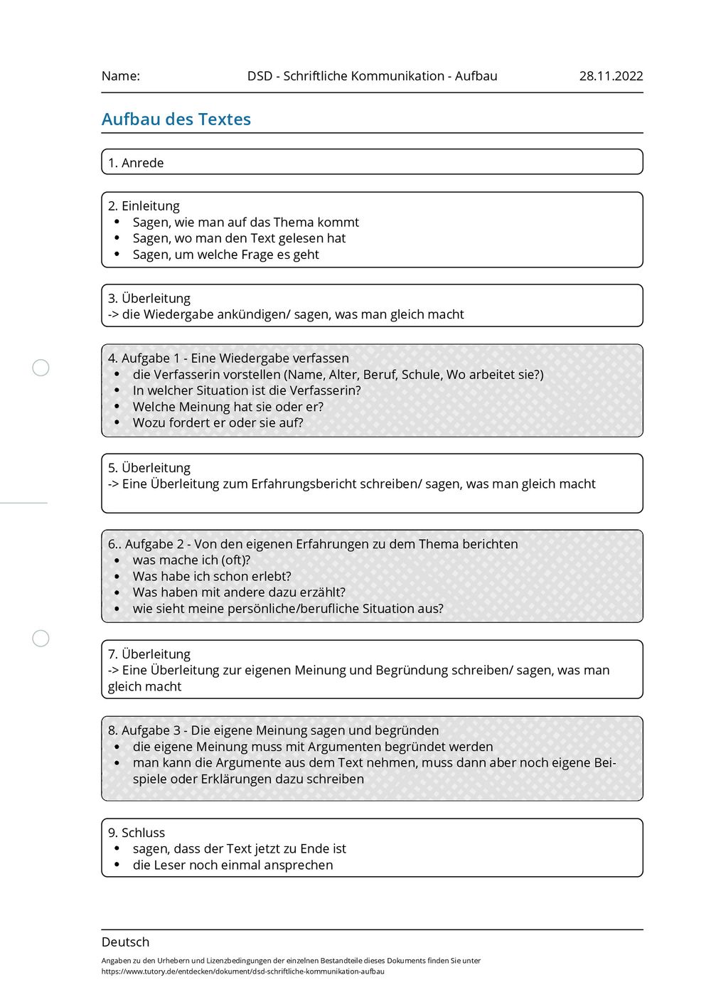 Arbeitsblatt - DSD - Schriftliche Kommunikation - Aufbau - Deutsch ...