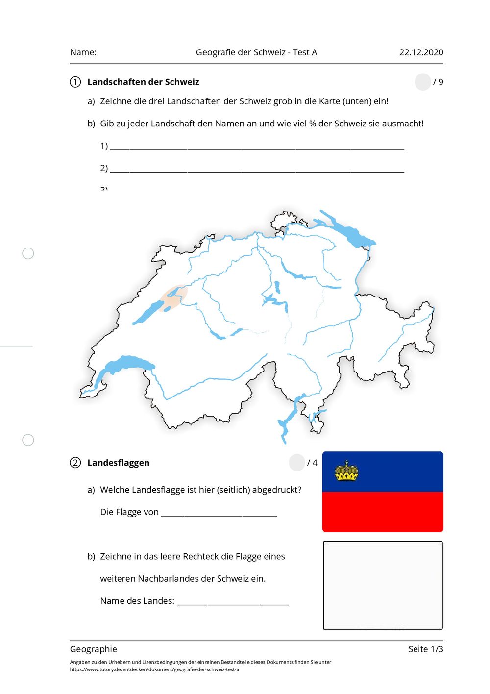 Arbeitsblatt - Geografie der Schweiz - Test A - Geographie - tutory.de Arbeitsblatt - Geografie der Schweiz - Test A - Geographie - tutory.de