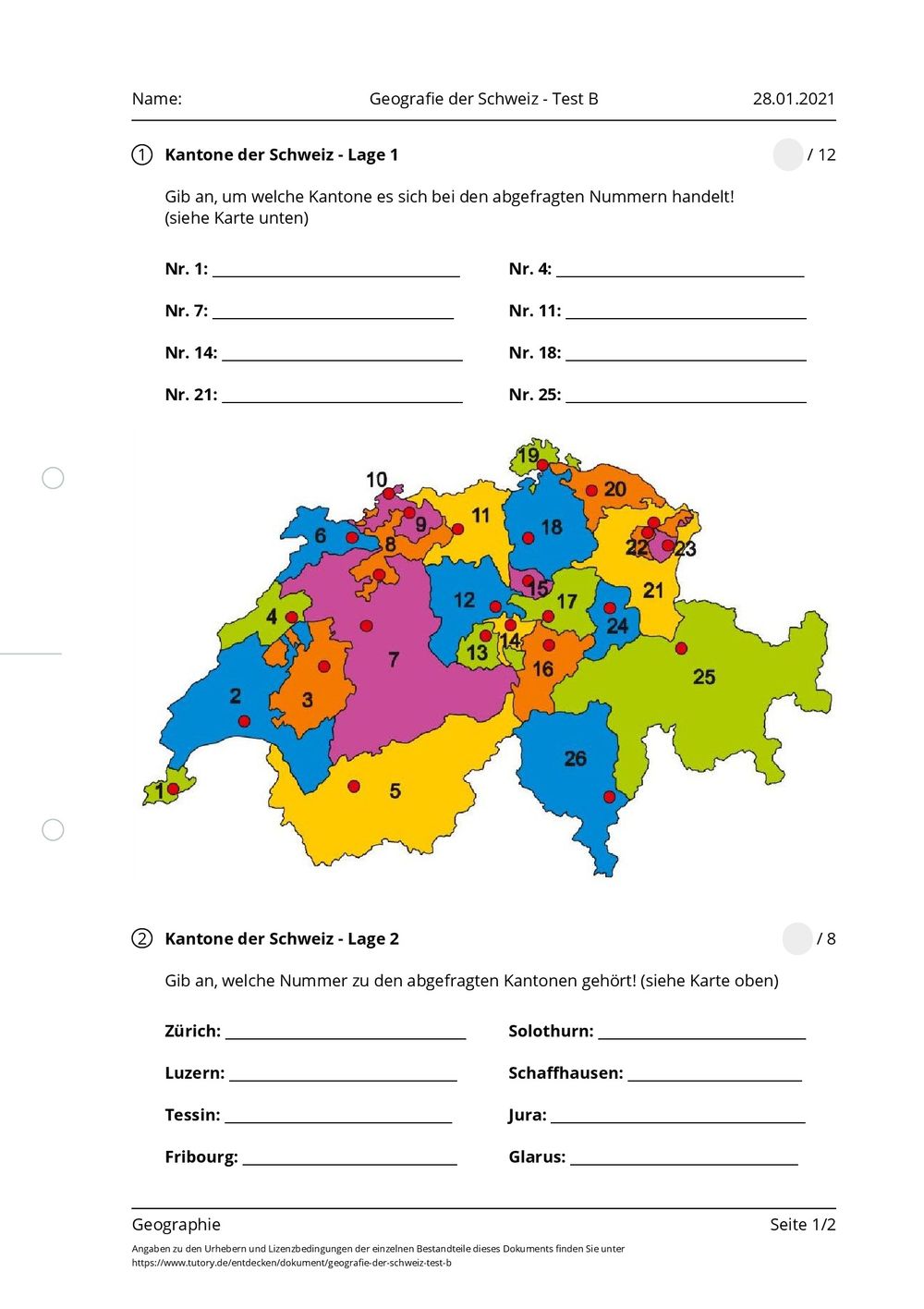 Arbeitsblatt - Geografie der Schweiz - Test B - Geographie - tutory.de Arbeitsblatt - Geografie der Schweiz - Test B - Geographie - tutory.de