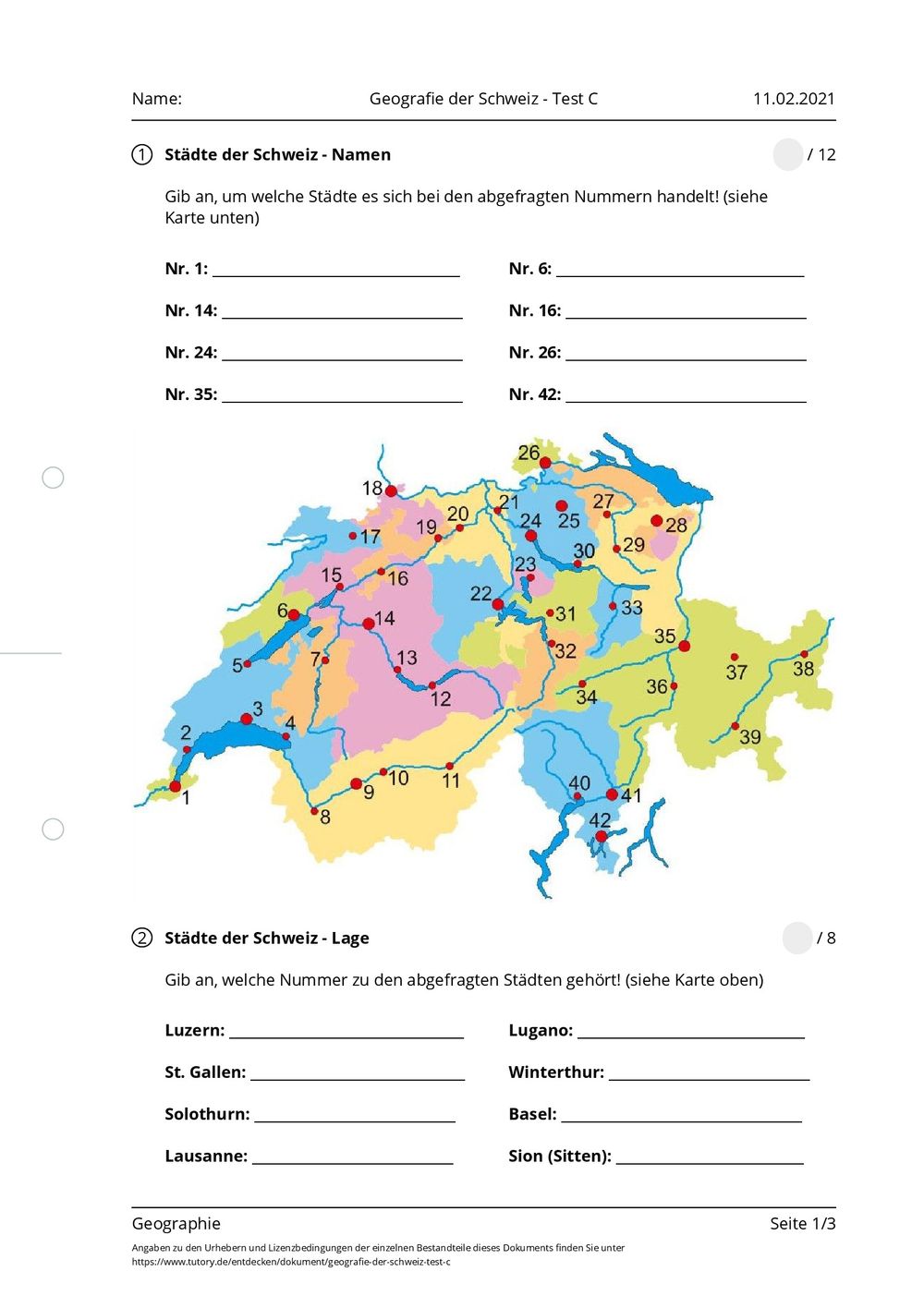 Arbeitsblatt - Geografie der Schweiz - Test C - Geographie - tutory.de Arbeitsblatt - Geografie der Schweiz - Test C - Geographie - tutory.de