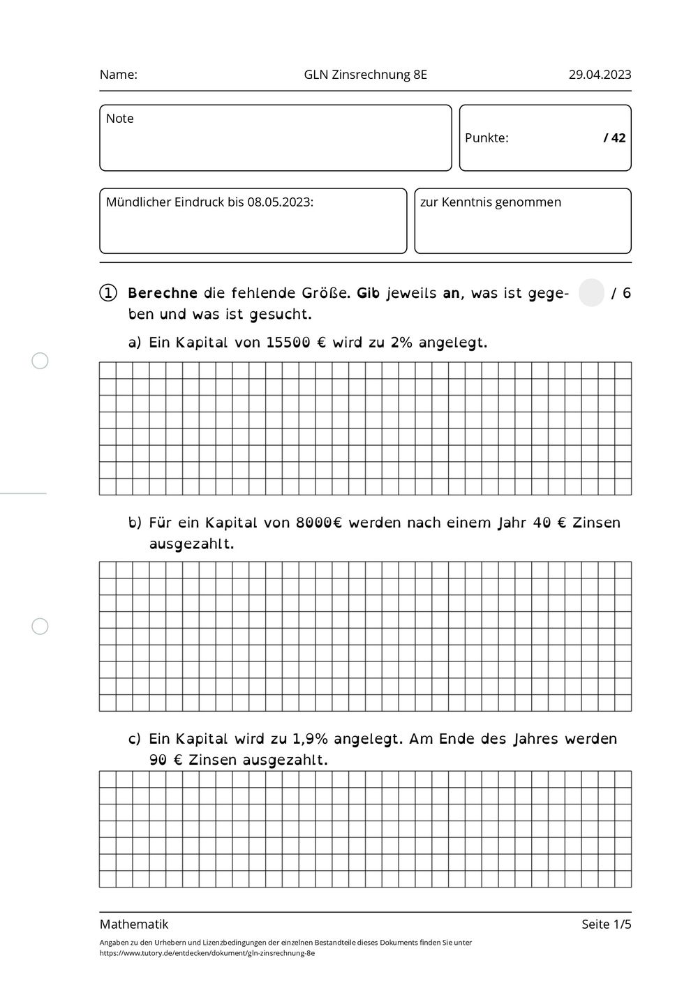 Arbeitsblatt Gln Zinsrechnung 8e Mathematik Tutory De
