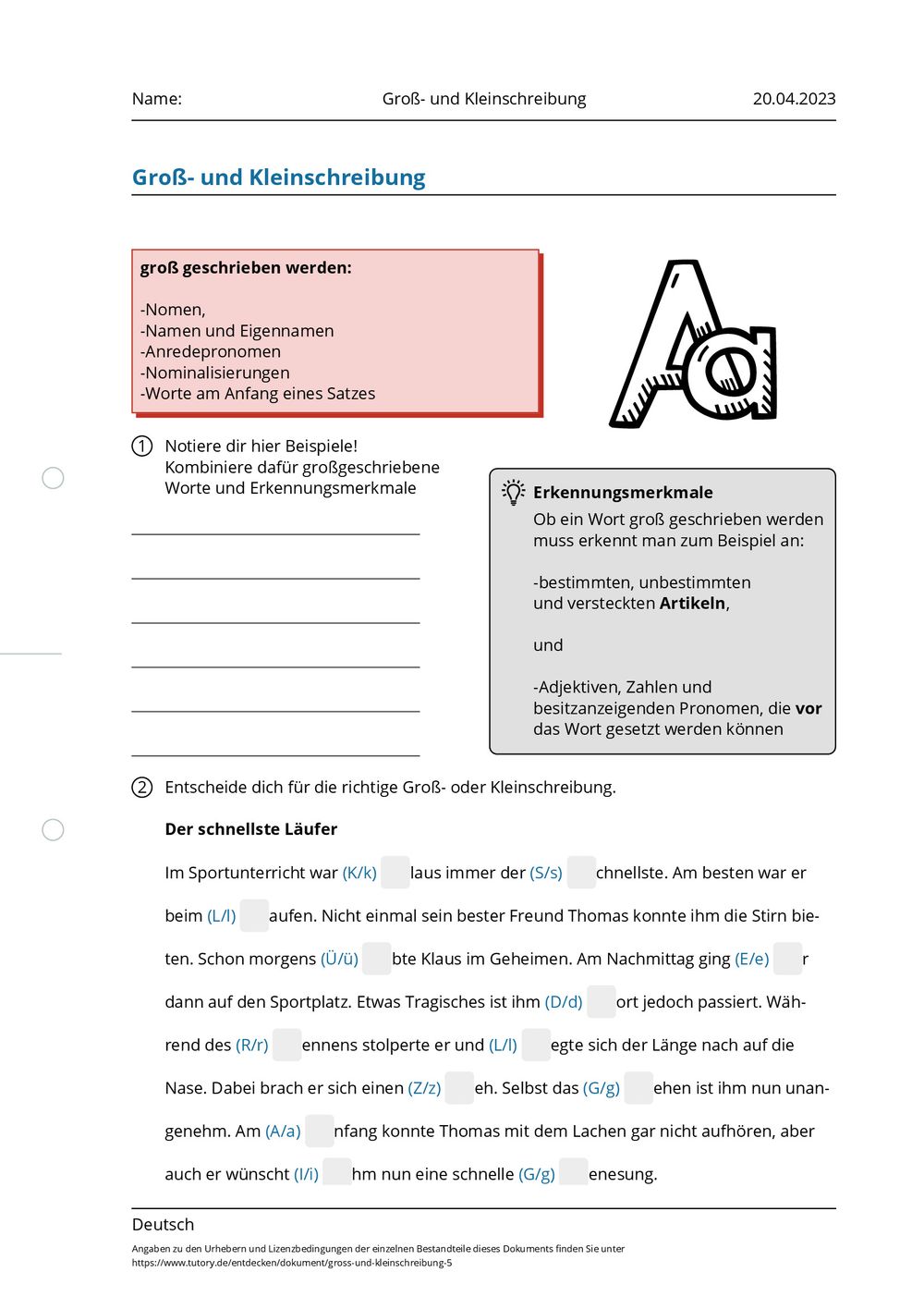 Arbeitsblatt - Groß- und Kleinschreibung - tutory.de Arbeitsblatt - Groß- und Kleinschreibung - tutory.de