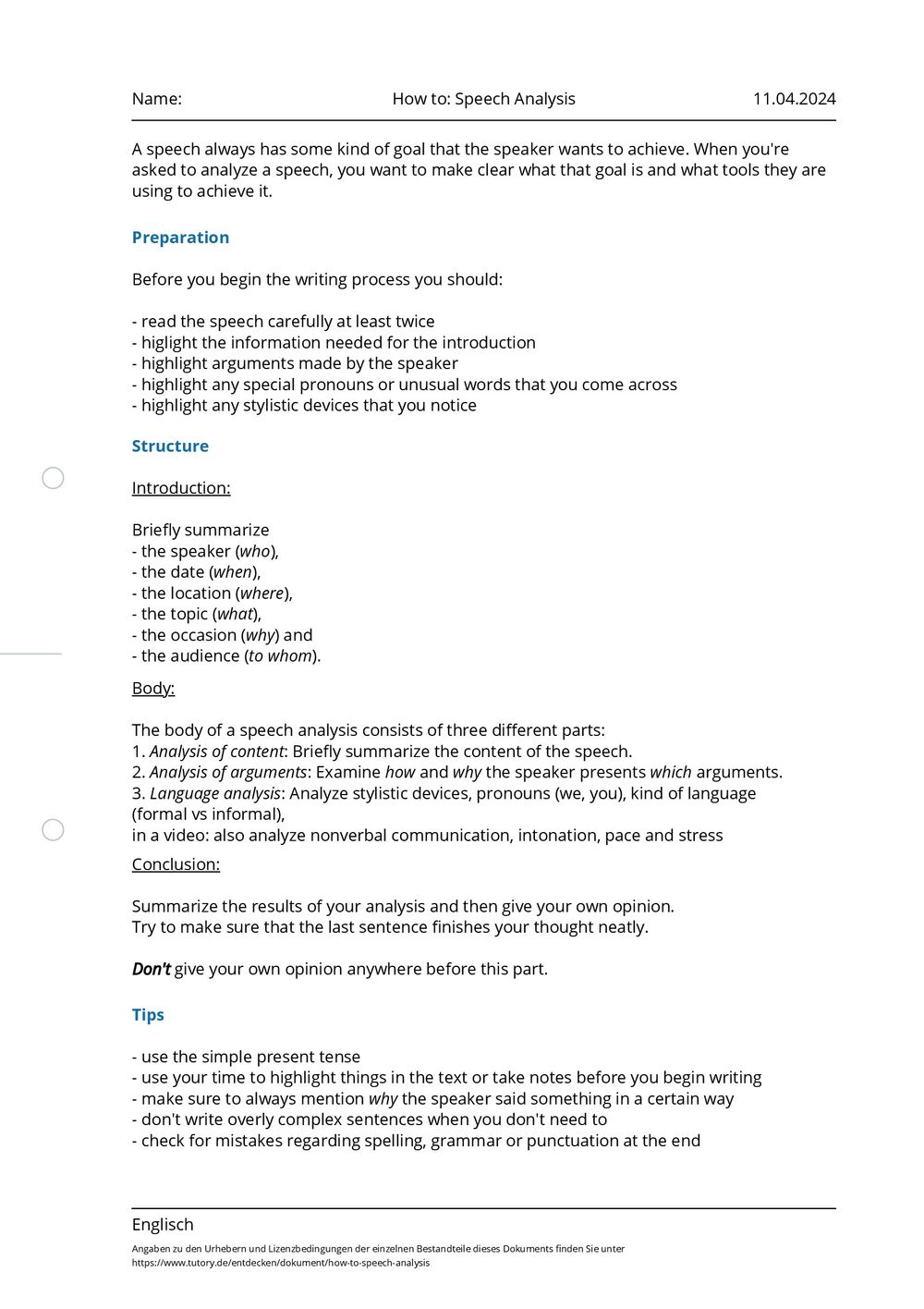 Arbeitsblatt - How to: Speech Analysis - Englisch - Allgemeine ... Arbeitsblatt - How to: Speech Analysis - Englisch - Allgemeine ...