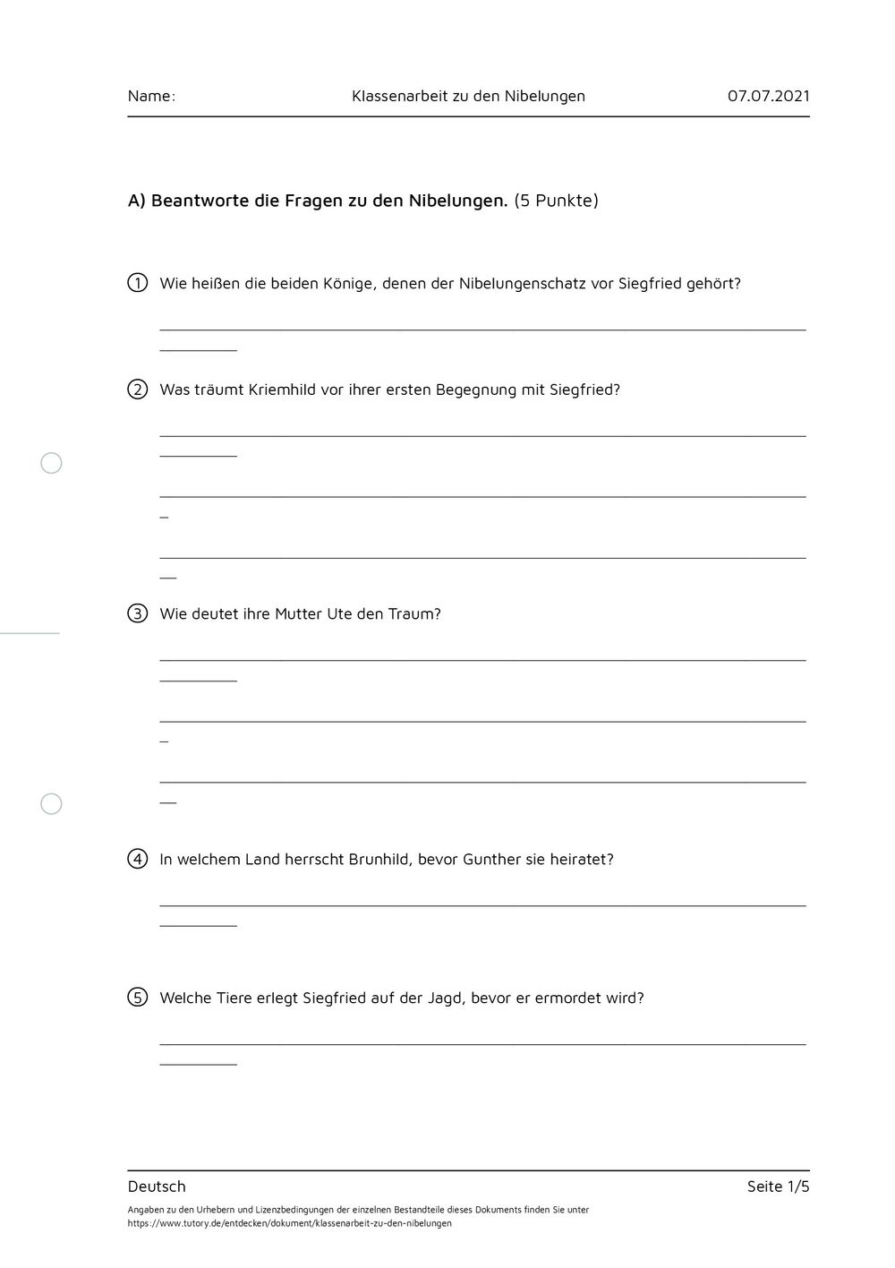 Arbeitsblatt - Klassenarbeit zu den Nibelungen - Deutsch - tutory.de Arbeitsblatt - Klassenarbeit zu den Nibelungen - Deutsch - tutory.de