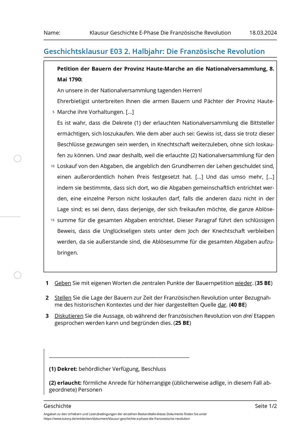 Arbeitsblatt - Klausur Geschichte E-Phase Die Französische Revolution ... Arbeitsblatt - Klausur Geschichte E-Phase Die Französische Revolution ...