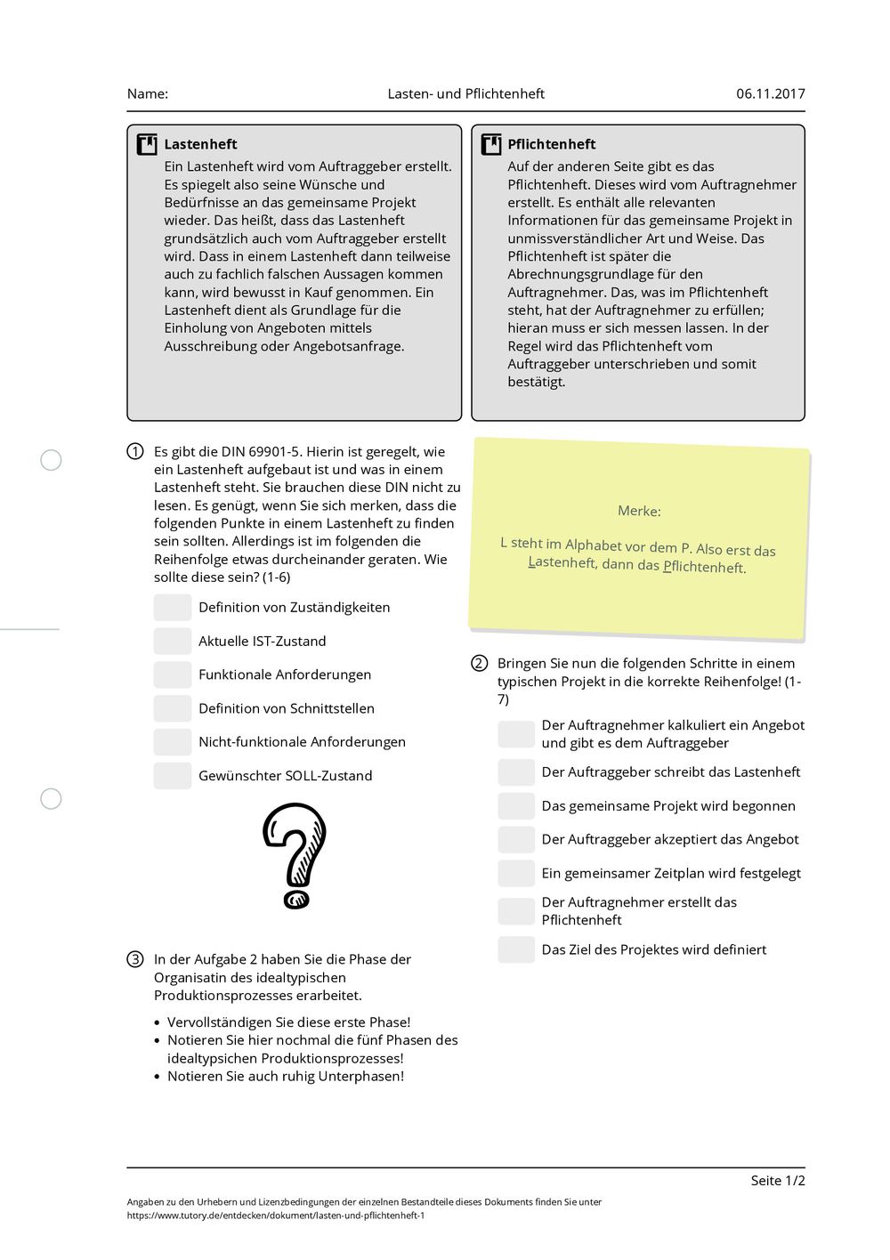 Arbeitsblatt - Lasten- und Pflichtenheft - tutory.de Arbeitsblatt - Lasten- und Pflichtenheft - tutory.de