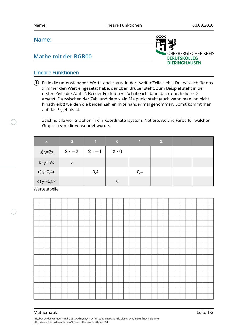 Arbeitsblatt Lineare Funktionen Mathematik Tutory De