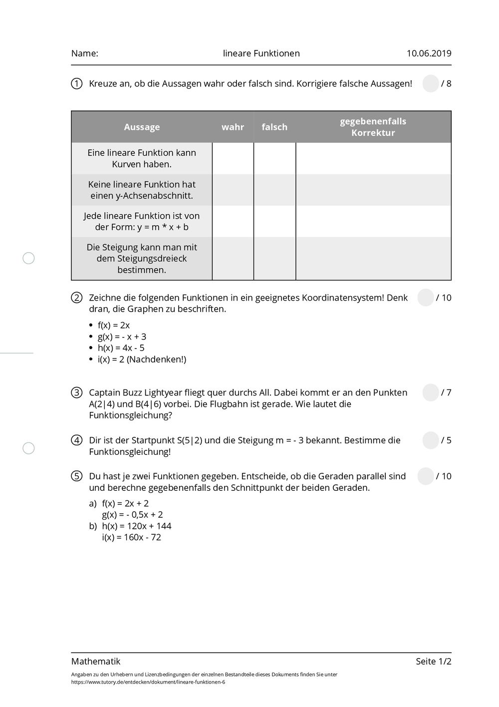 Arbeitsblatt Lineare Funktionen Mathematik Tutory De