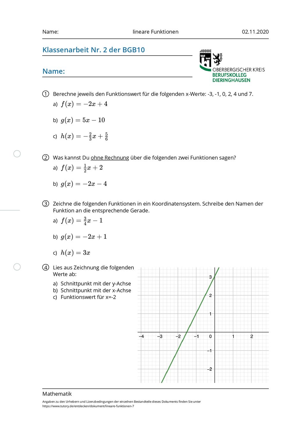 Arbeitsblatt Lineare Funktionen Mathematik Tutory De