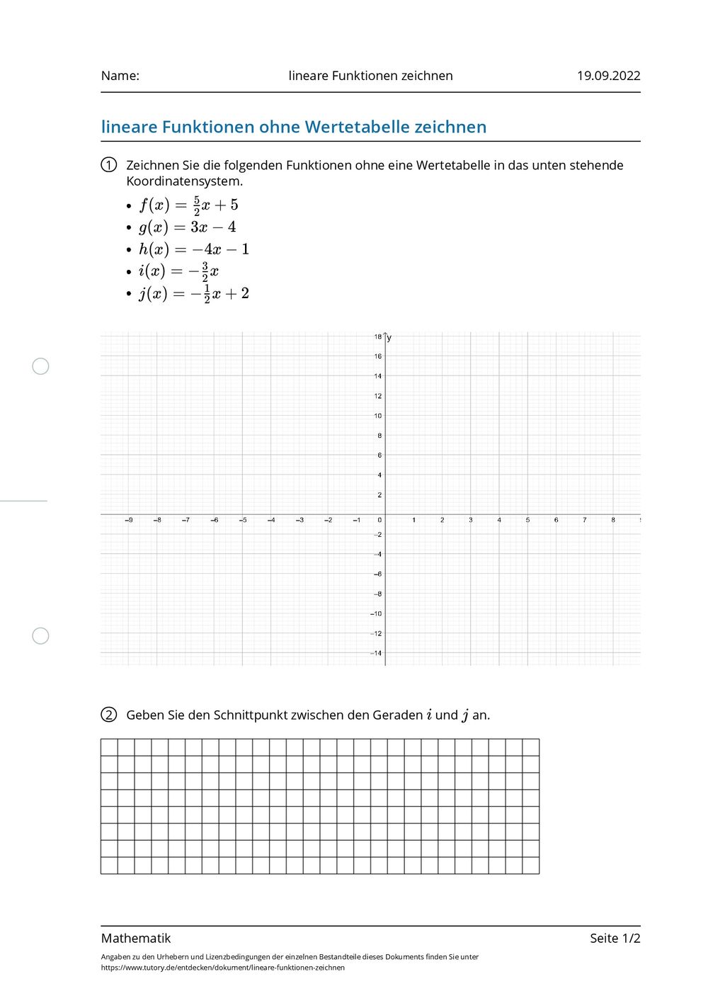 Arbeitsblatt - lineare Funktionen zeichnen - Mathematik - tutory.de Arbeitsblatt - lineare Funktionen zeichnen - Mathematik - tutory.de
