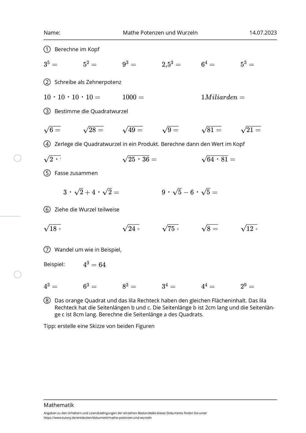 Arbeitsblatt - Mathe Potenzen und Wurzeln - Mathematik - tutory.de Arbeitsblatt - Mathe Potenzen und Wurzeln - Mathematik - tutory.de