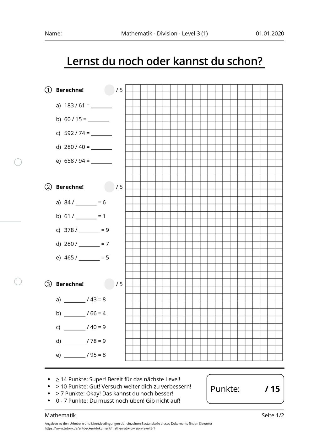 Arbeitsblatt - Mathematik - Division - Level 3 (1) - Mathematik - tutory.de Arbeitsblatt - Mathematik - Division - Level 3 (1) - Mathematik - tutory.de