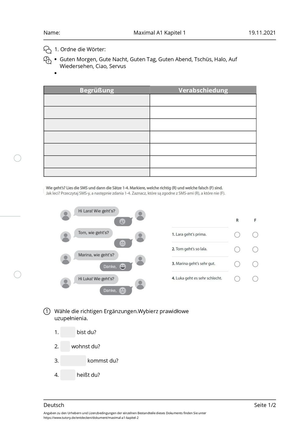 Arbeitsblatt - Maximal A1 Kapitel 1 - Deutsch - tutory.de Arbeitsblatt - Maximal A1 Kapitel 1 - Deutsch - tutory.de