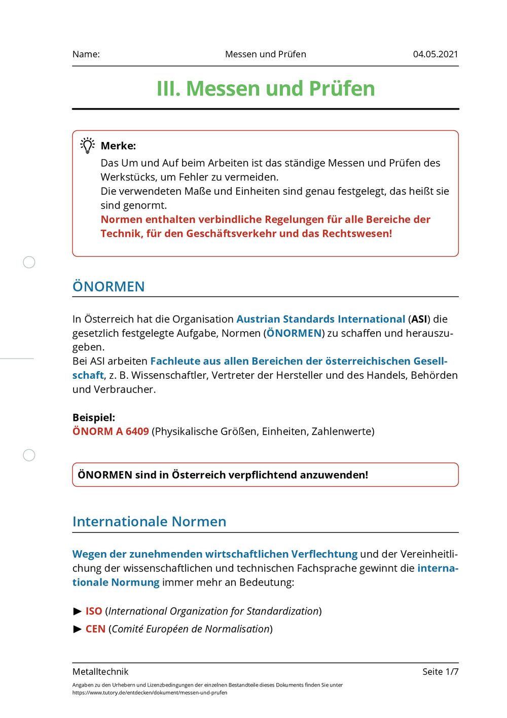 Arbeitsblatt - Messen und Prüfen - Metalltechnik - tutory.de Arbeitsblatt - Messen und Prüfen - Metalltechnik - tutory.de