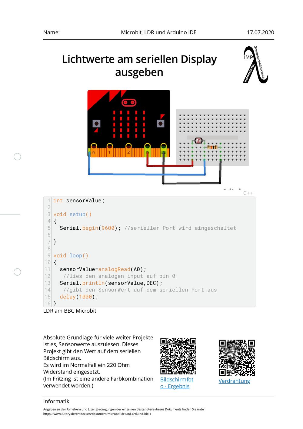 Arbeitsblatt Microbit Ldr Und Arduino Ide Informatik Tutoryde 6882