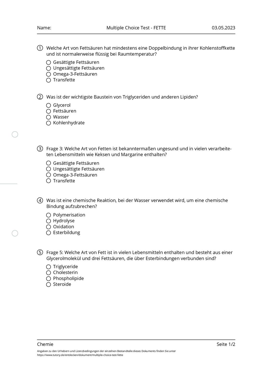 Arbeitsblatt - Multiple Choice Test - FETTE - Chemie - tutory.de Arbeitsblatt - Multiple Choice Test - FETTE - Chemie - tutory.de
