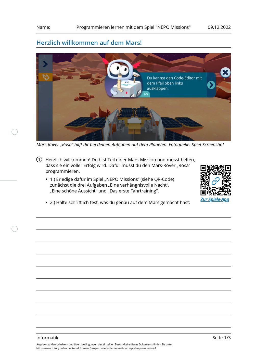 Arbeitsblatt - Programmieren lernen mit dem Spiel Arbeitsblatt - Programmieren lernen mit dem Spiel