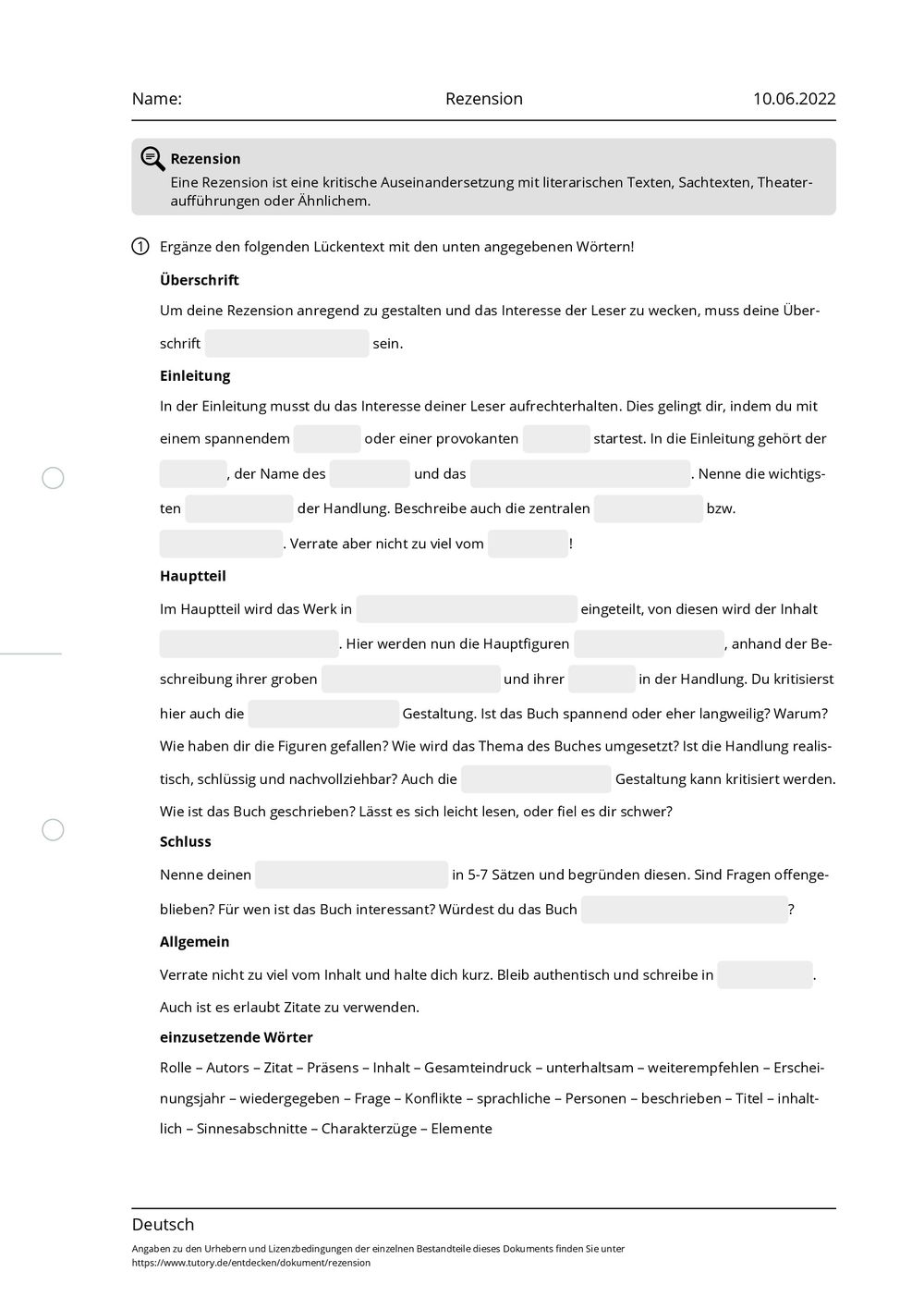 Arbeitsblatt - Rezension - Deutsch - tutory.de Arbeitsblatt - Rezension - Deutsch - tutory.de