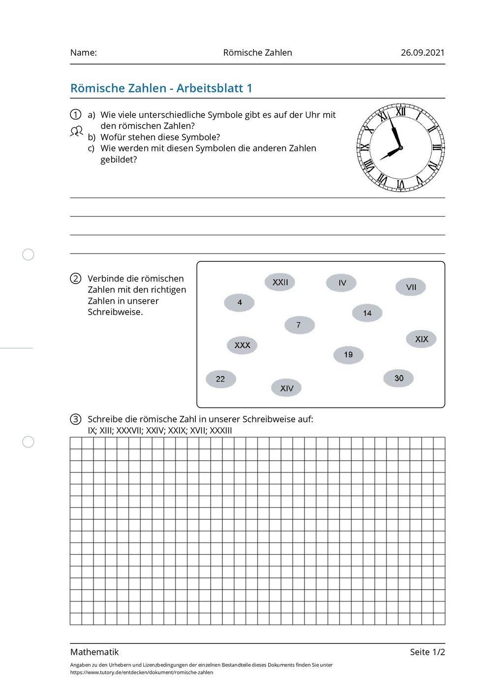 Arbeitsblatt - Römische Zahlen - Mathematik - tutory.de Arbeitsblatt - Römische Zahlen - Mathematik - tutory.de