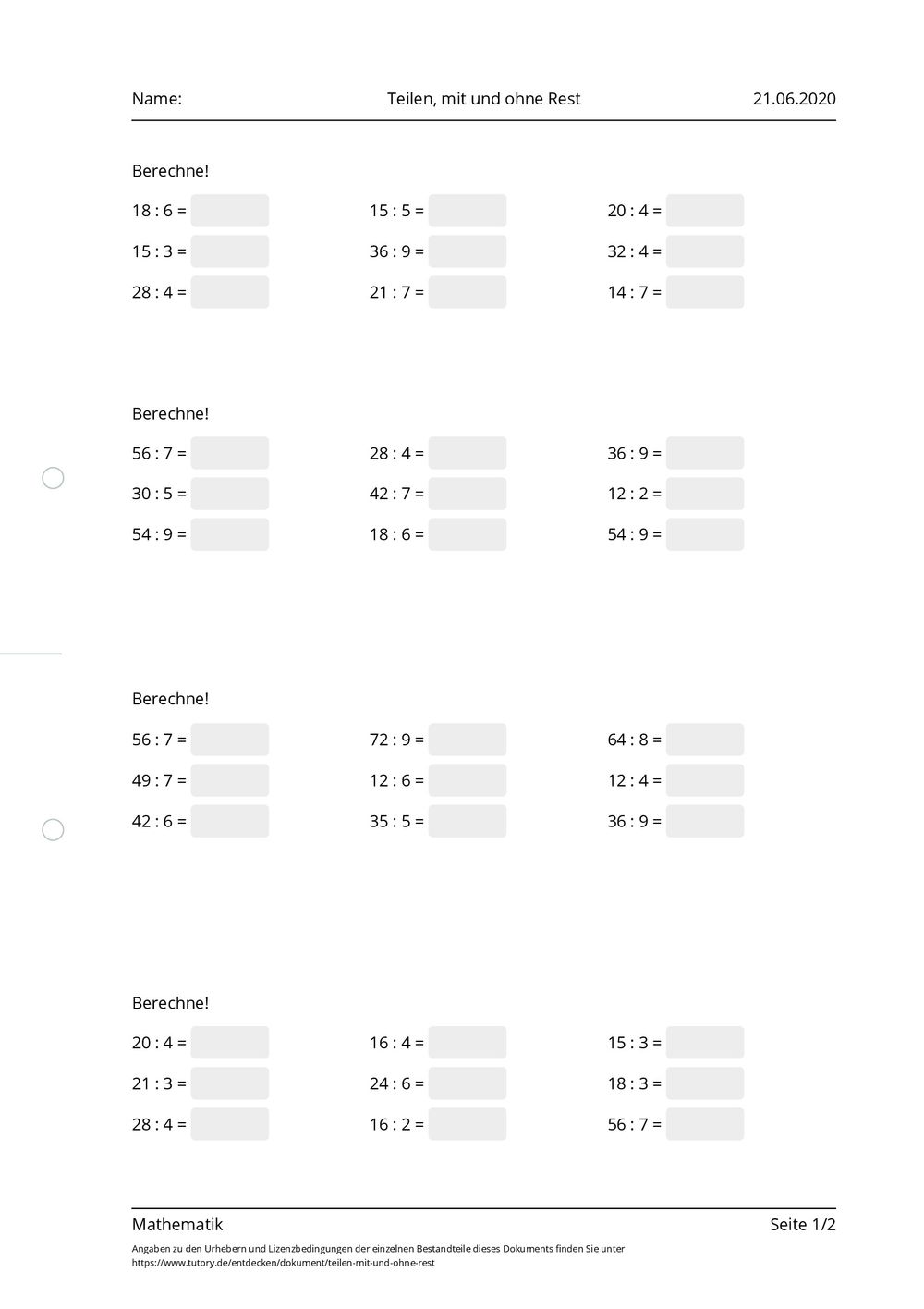 Arbeitsblatt - Teilen, mit und ohne Rest - Mathematik - tutory.de Arbeitsblatt - Teilen, mit und ohne Rest - Mathematik - tutory.de