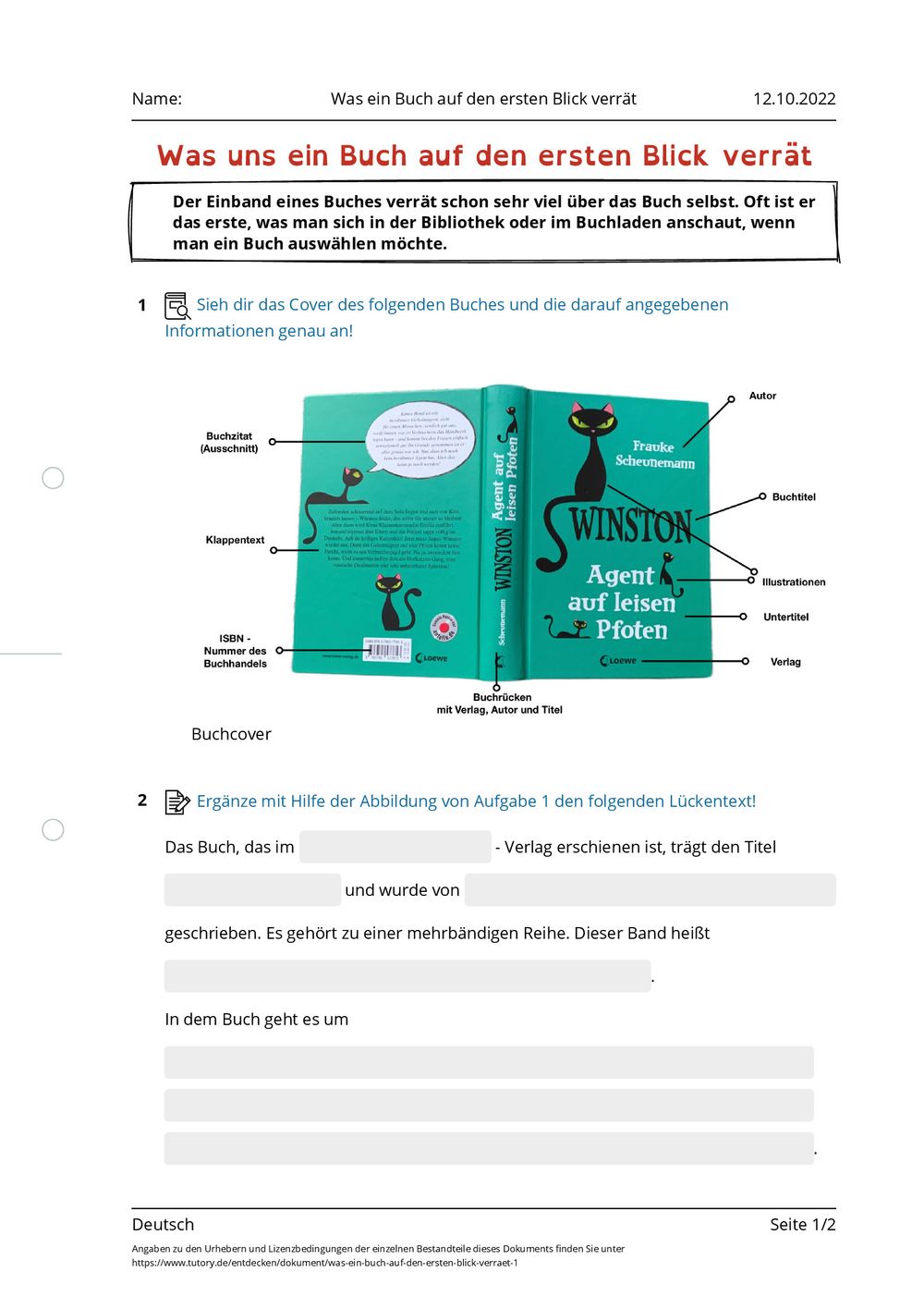 Arbeitsblatt - Was ein Buch auf den ersten Blick verrät - Deutsch ...