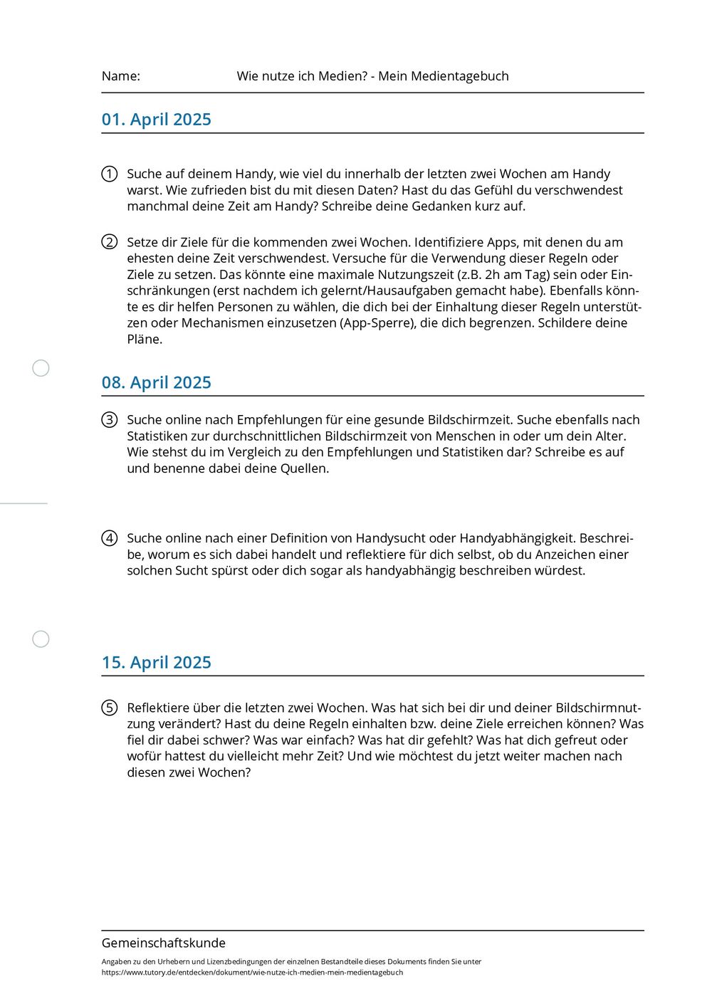Arbeitsblatt - Wie nutze ich Medien? - Mein Medientagebuch ... Arbeitsblatt - Wie nutze ich Medien? - Mein Medientagebuch ...